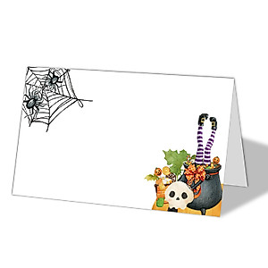 Halloween Table Place Cards, Editable Name Place Cards, 25 Pack Buffet Food Tent Labels, Double Design Name Cards, Halloween Thanksgiving Party Decorations, Easy Folding for Dinner Party - L528
