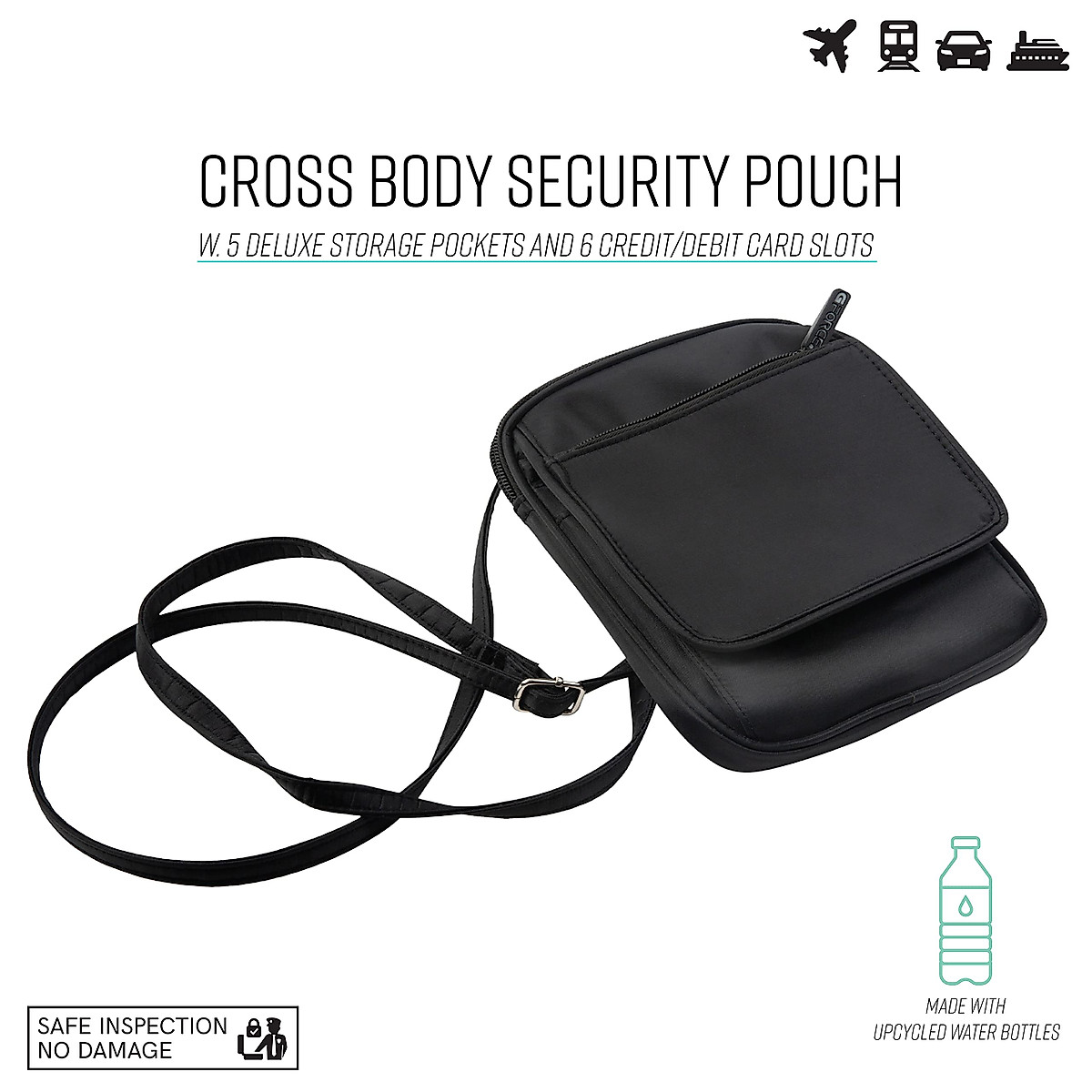 GForce Travel Cross Body Security Pouch Bag | RFID Blocking Document Holder Organizer, Black, 8"x 1.2"x 6.3"