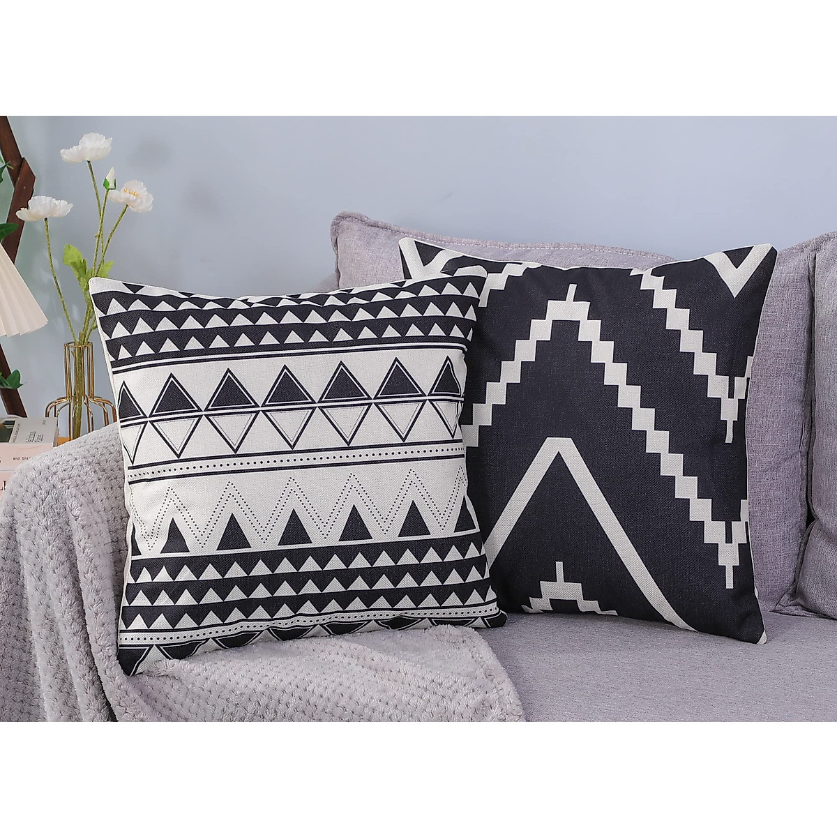 Mercijzyasang Set of 4 Decorative Throw Pillow Covers 18x18 Inch for Couch, Black and White/Cream Square Accent Pillows Case for Cushions Sofa Bed and Living Room Farmhouse Outdoor Decoration (Black)