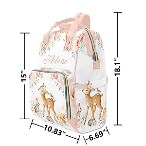 Yeshop Deer Bunny Floral Pink Woodland Multi-Function Personalized Diaper Bag Backpack Tote with Name,Custom Travel Nappy Mommy for Baby Girl Boy Gift, 10.83 inches * 6.69 inches* 15