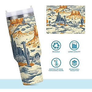 Jihqo Western Desert 40 oz Stainless Steel Vacuum Insulated Tumbler with Handle and Straw Lid, Leakproof Water Bottle Double Wall Travel Mug Coffee Cup, Cupholder Friendly