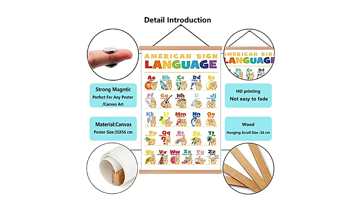 KAIRNE ASL Alphabet Wall Art with Magnetic Hanger for Kids Classroom