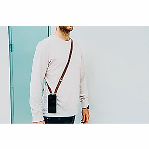 The Clutch Strap Cross-Body Adhesive Phone Carrying Strap with Brown Leather and Brass Hardware, 54-Inches
