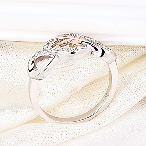 JO WISDOM 925 Sterling Silver Cubic Zirconia Rose Gold Leaf Infinity Knot Ring Size 7