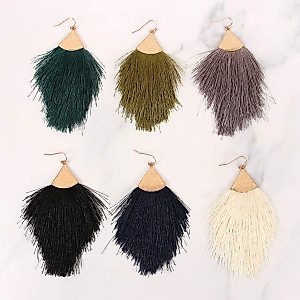 Bohemian Silky Thread Fan Fringe Tassel Statement Earrings - Lightweight Strand Feather Shape Dangles (Feather Fringe - Black)