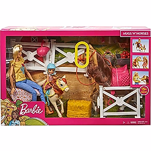 Barbie Playset and Chelsea Blonde Dolls, 2 Horses with Bobbling Heads and 15+ Toy Accessories That Include Corral Fencing, Feeding, Grooming, Nurturing and Horseback Riding Pieces