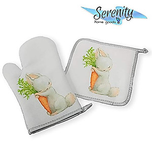 Spring Decorative Kitchen Hot Plate Pot Holder Oven Mitt Set | Retro Chic Luxe Easter Bunny Rabbit With Eggs and Carrot| Cute Decoration White Home Decor Holiday | Gift Present