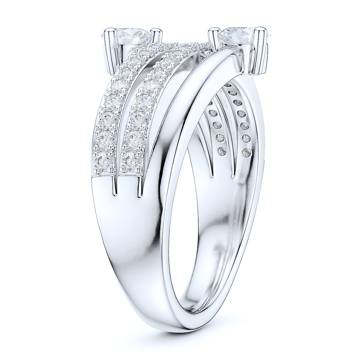 PRSTANI 13mm Wide Sterling Silver Split Quadruplex Row Simulated Round Brilliant Cut Diamonds Wedding Ring (7.5)