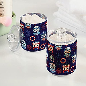 innewgogo Nautical Owls 2 Pack Cotton Swab Ball Holder Organizer Dispenser Plastic Bathroom Jars with Lids Cotton Swab Holder Vanity Countertop Storage Organizer for Cotton Ball Round Pads Floss
