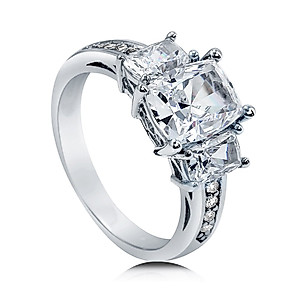 BERRICLE Sterling Silver 3-Stone Wedding Engagement Rings Cushion Cut Cubic Zirconia CZ Ring for Women, Rhodium Plated Size 6