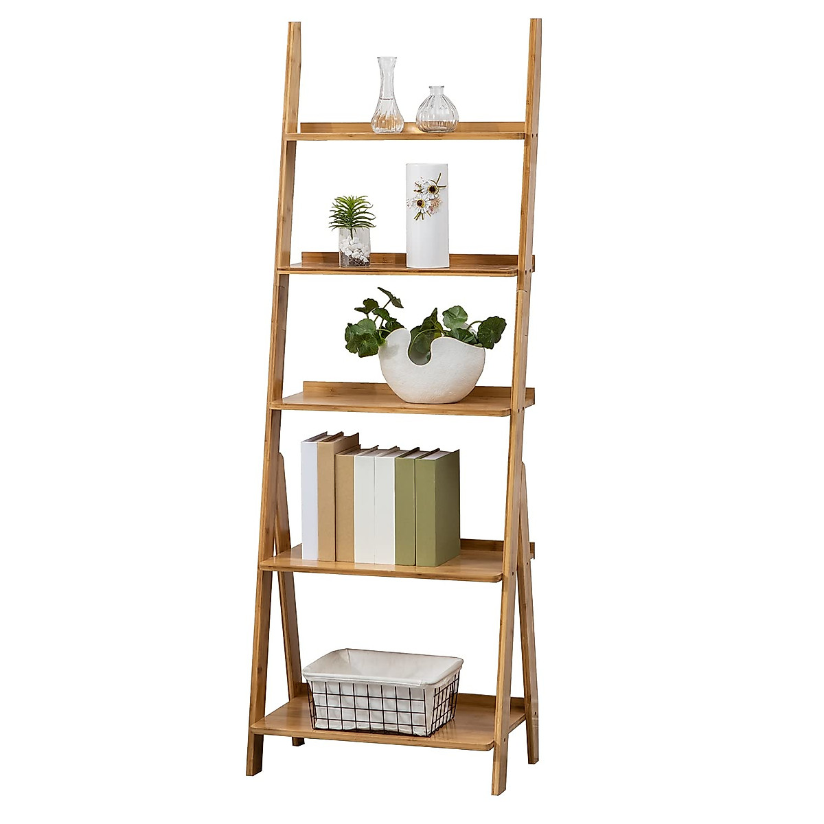 SOBIBO Ladder Shelf, 5-Tier Leaning Shelf, Free Standing Organizer Storage Shelves, Storage Rack Shelf for Office, Living Room, Nature