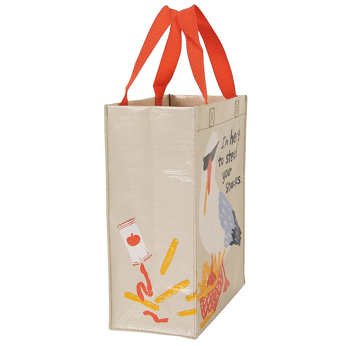 Blue Q Handy Tote - I'm Here to Steal Your Snacks. Reusable lunch bag, little tote, gift bag, sturdy and easy-to-wipe-clean, made from 95% recycled material, 10" h x 8.5" w x 4.5" d