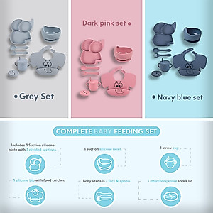 Silicone Baby Feeding Set | Baby Led Weaning Supplies | Baby Feeding Supplies | Toddler Silicone Dishes | Suction Plate and Bowl, Bib, Straw and Snack Cup, Utensils Set of 6 -Navy Blue