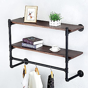 JIANZHUO Industrial Pipe Clothing Rack Wall Mounted with Wood Shelf,Rustic Retail Garment Rack Display Rack Cloths Rack,Pipe Shelving Floating Shelves