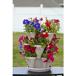 3 Tier Stackable Herb Garden Planter Set with Bottom Saucer - Stone Color - Vertical Container Pots for Herbs, Strawberries, Flowers