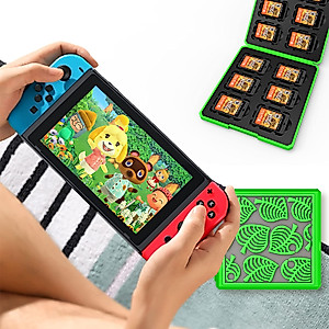 UFOPETIE Card Case for Nintendo Switch Game Card,Compatible with Nintendo Switch Case Animal Crossing Theme,Game Case for Animal Crossing Cards,for Switch Accessories-Leaf Grey-Thumb Grip 2PCS