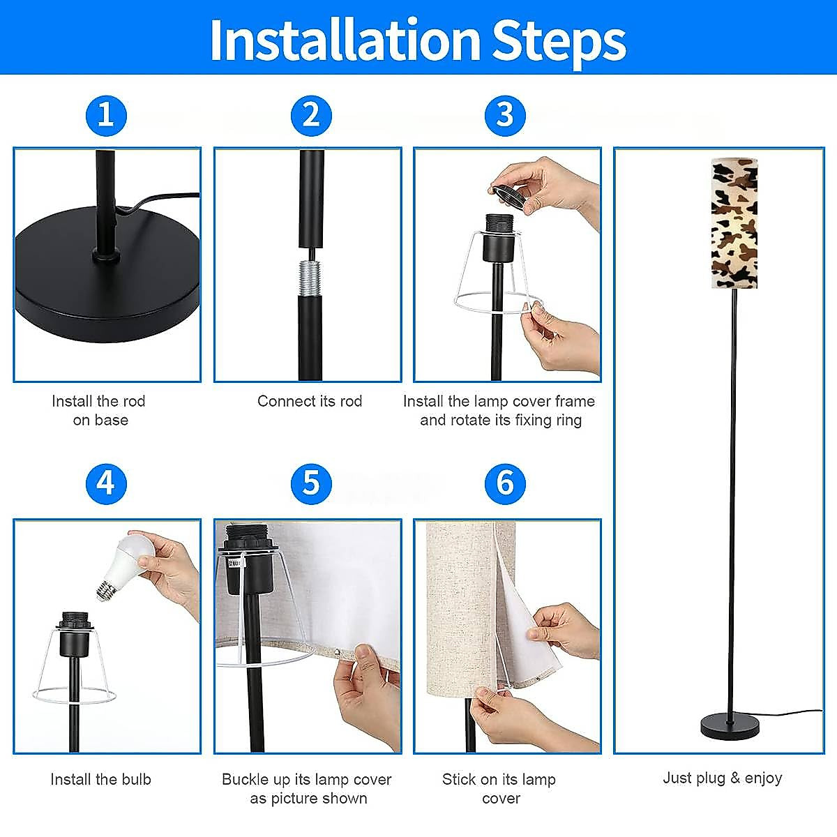 RZNTJHUINA Modern Standing Lamps Brown Cow Print Country Farmhouse Floor Lamp Rustic Metal Pole Lamp with Linen Lampshade for Bedroom Living Room Office Nursery Reading Foot Switch Western Decor