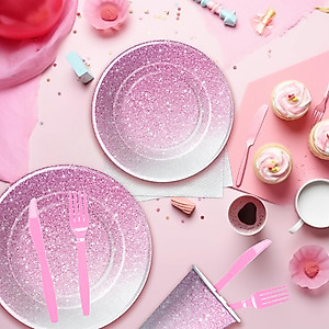 Xenorik Ombre Pink Party Decorations Tableware, Gradient Pastel Pink Party Supplies, Plate, Cup, Napkin, Cutlery, Light Pink Sprinkle Wedding Birthday Anniversary Decorations for Girl Woman | Serve 24