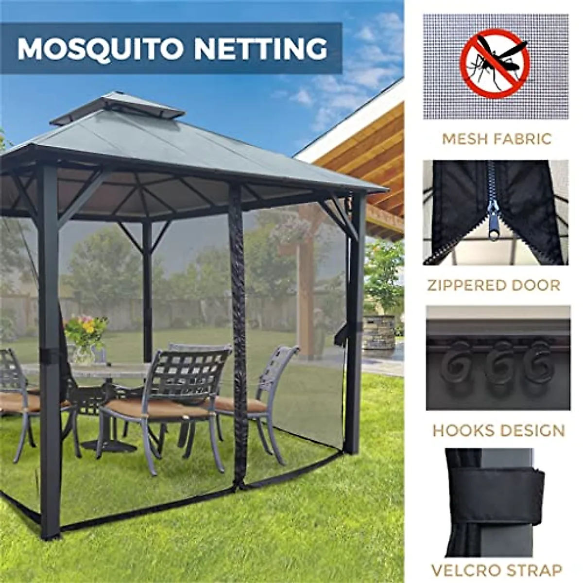 Walnut 10 Ft. X 10 Ft. Metal Outdoor Patio Gazebo with Insulated Double-Roof Hardtop and Netting