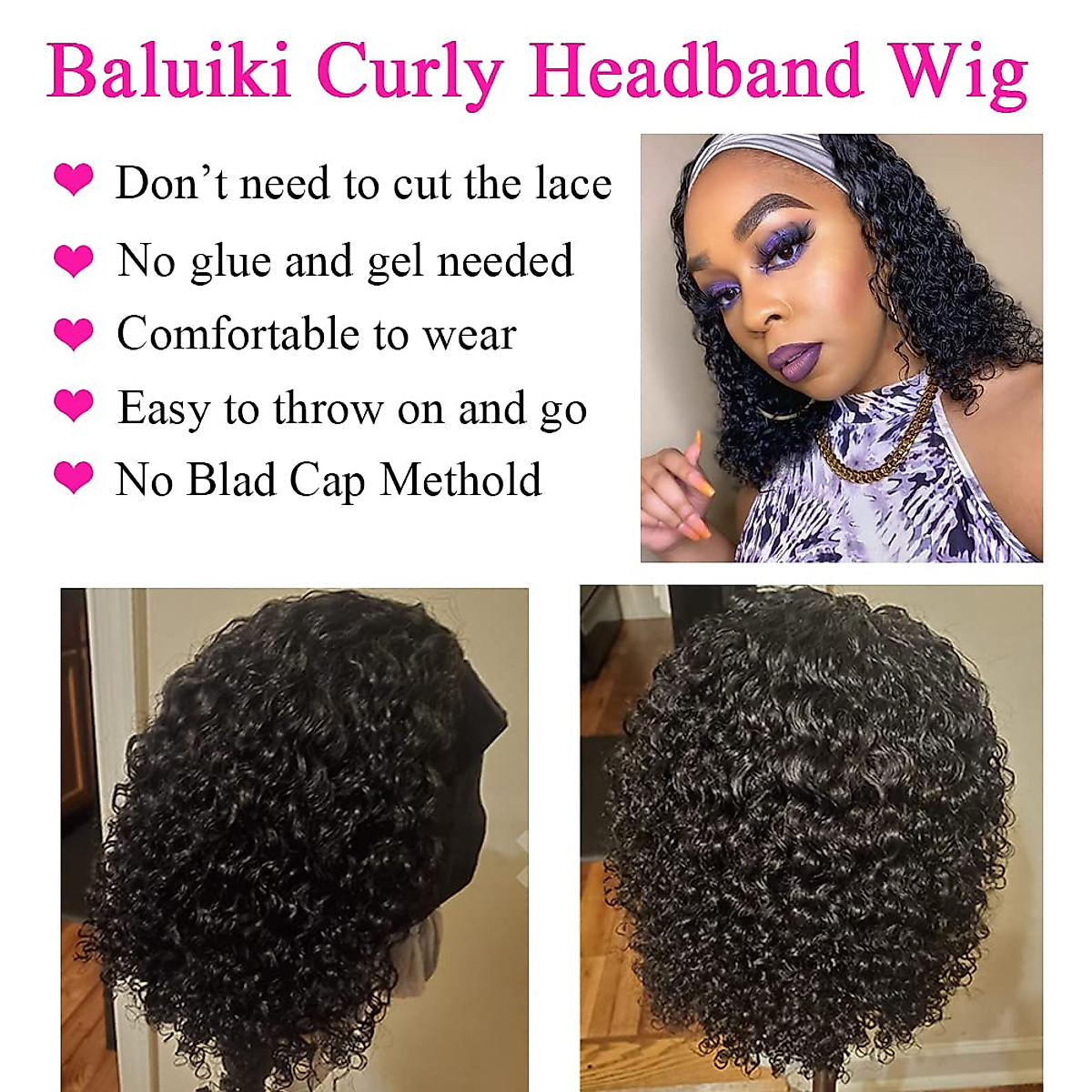 Glueless HeadBand Wig Curly Human Hair Wig None Lace Front Wigs for Black Women Deep Wave Machine Made Wigs Natural Color 180% Density (12inch)