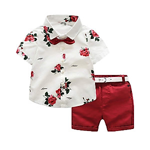 Toddler Baby Boys Rose Floral Shorts Set Short Sleeve Button Down Shirt + Shorts Pants 2 Pieces Infant Summer Clothes Outfits Red 2-3 Years