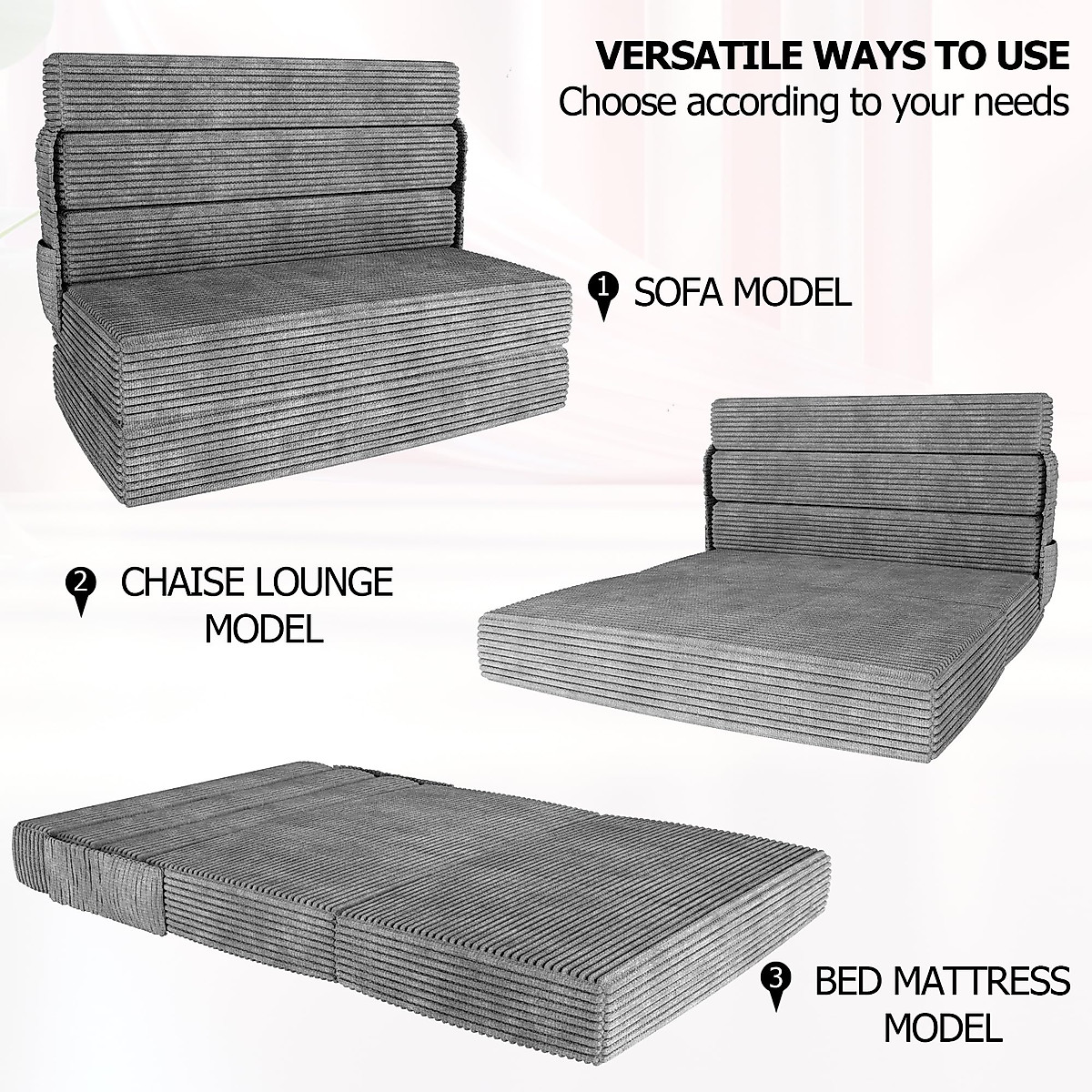 Slumbrae Folding Sofa Bed, 6" [Twin] Foldable Sofa Mattress with Back Support & Fixed Velcro for Living Room & Office, Grey, 75" * 38"