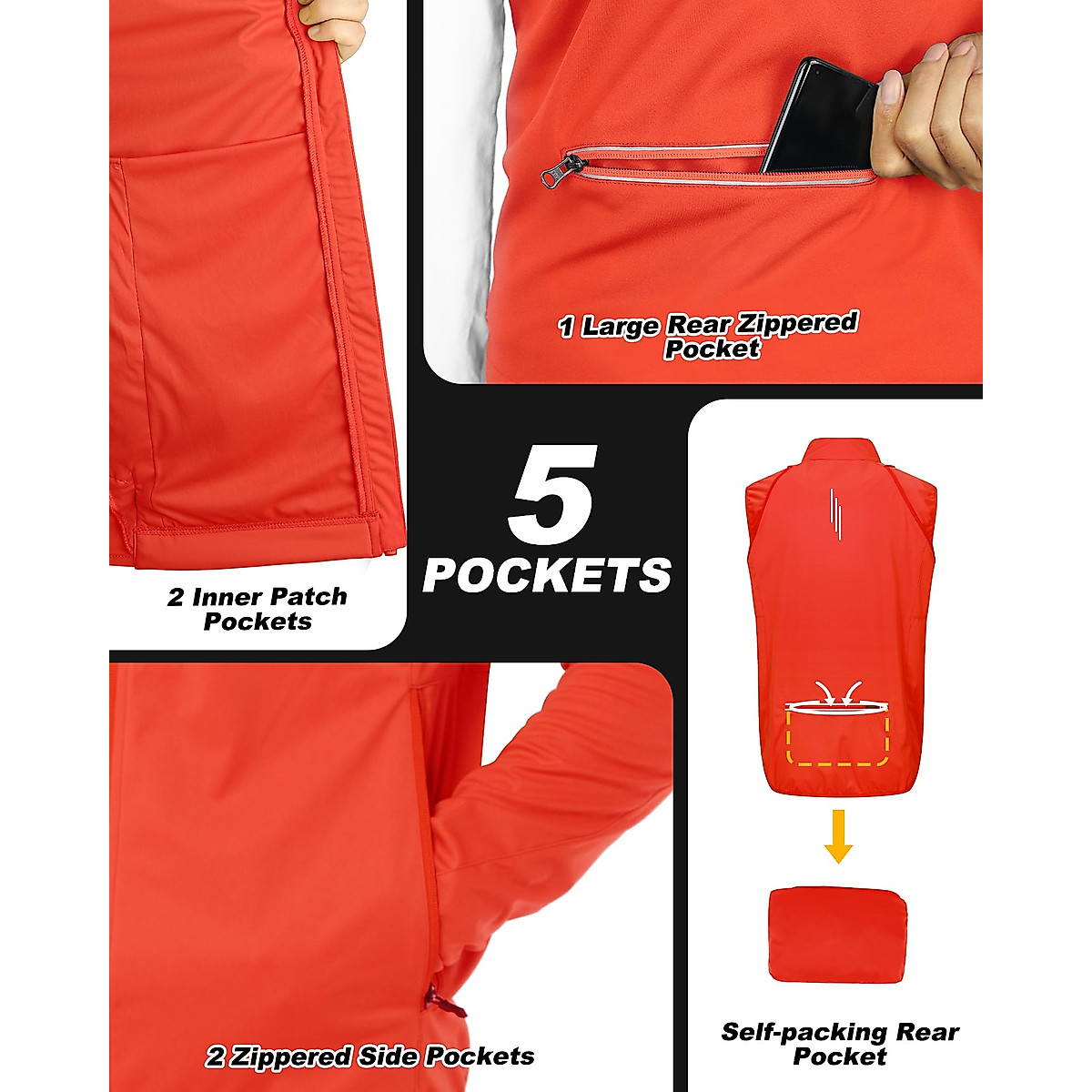 33,000ft Men's Cycling Jacket Long Sleeve, Waterproof Running Bike Vest Outerwear Reflective Windproof Sleeveless Jacket