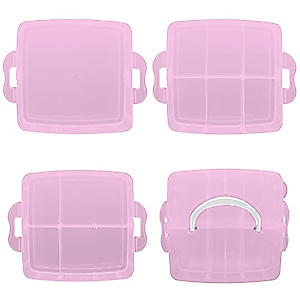 2 Pack - Small Pink Stackable Craft Organizer Box, 3-Layer Small Storage Container Case, with Adjustable Compartments for Beads, Crafts, Jewelry, Fishing Tackle (5.75 x 5.75 x 5 inches)