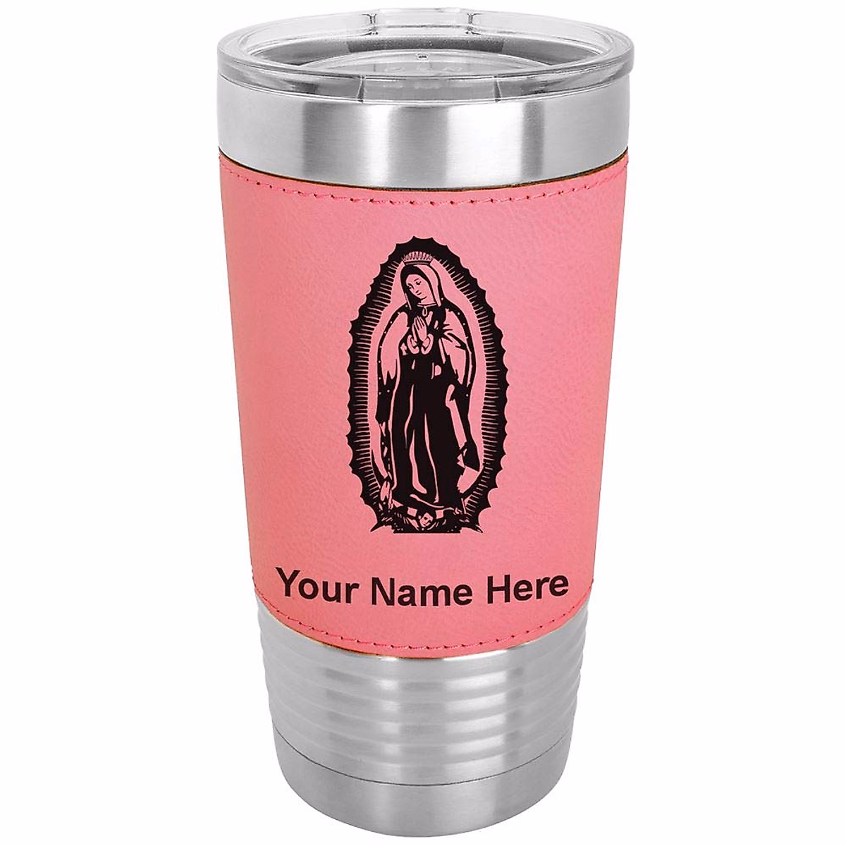 LaserGram 20oz Vacuum Insulated Tumbler Mug, Virgen de Guadalupe, Personalized Engraving Included (Faux Leather, Pink)