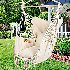 Y- STOP Hammock Chair Hanging Rope Swing, Max 500 Lbs, 2 Cushions Included, Large Macrame Hanging Chair with Pocket for Superior Comfort, with Hardware Kit, Beige