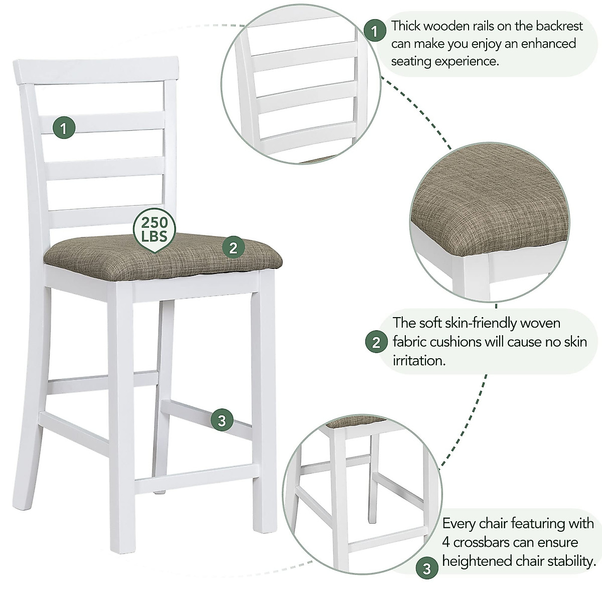 5-Piece Rustic Dining Table Set, Rubber Wood Counter Height Table with 4 Padded Chairs and Integrated 9 Bar Wine Compartment, Wineglass Holdersc for Dining Room Kitchen (Brown + White Wash-04)