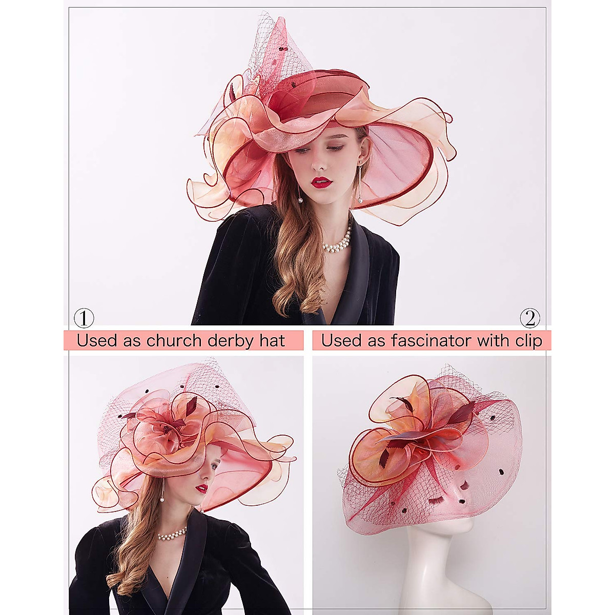 Z&X Women's Organza Church Fascinator Hair Clip Bridal Wedding Tea Party Hat Wide Brim Anti-UV Sun Hat Coral Red