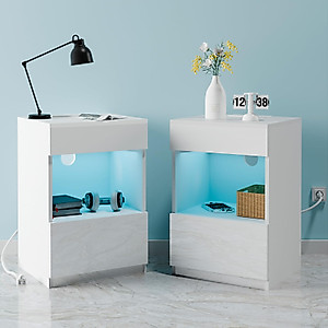 HOMMPA Set of 2 Open Shelf LED Nightstands with Charging Station 2 Drawers Bedside Tables White Night Stands with Storage Smart Nightstands High Gloss Night Table with Led Light for Bedroom Furniture
