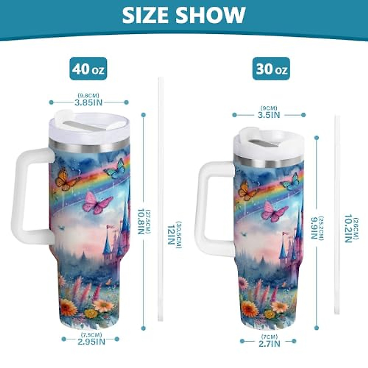 Jihqo Watercolor Fairy Castle 40 oz Stainless Steel Vacuum Insulated Tumbler with Handle and Straw Lid, Leakproof Water Bottle Double Wall Travel Mug Coffee Cup, Cupholder Friendly