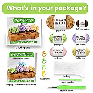 OORAMOO Crochet Kit for Beginners - 4Pcs Succulents, Beginner Crochet Starter Kit for Complete Beginners Adults, Crocheting Knitting Kit with Step-by-Step Video Tutorials