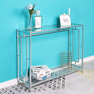 SSLine Toughened Glass Console Table,Clear Glass Accent Console Sofa Table,Entry Tables with Shelf for Hallway, Sofa Living Room,Narrow Spaces