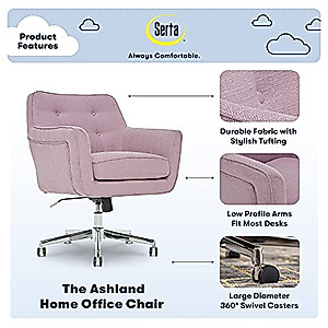 Serta Ashland Ergonomic Home Office Chair with Memory Foam Cushioning Chrome-Finished Stainless Steel Base, 360-Degree Mobility, Lilac