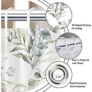 GCIREC Eucalyptus Leaf Shower Curtains, Sage Green Spring Botanical Watercolor Plants Bathroom Curtains Bathtub Home Decor Waterproof Fabric Machine Washable with 12 PCS Hooks