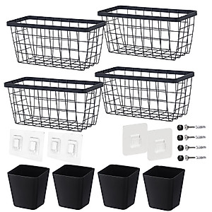 LIGHT DUST Wall Hanging Baskets - 8 Set Black Baskets & Cups Wire Basket Metal Wall Organizer Bins for Kitchen Pantry Cabinet Bathroom Shower Door RV [Included Adhesive Hooks & Wall Mounted Screws]