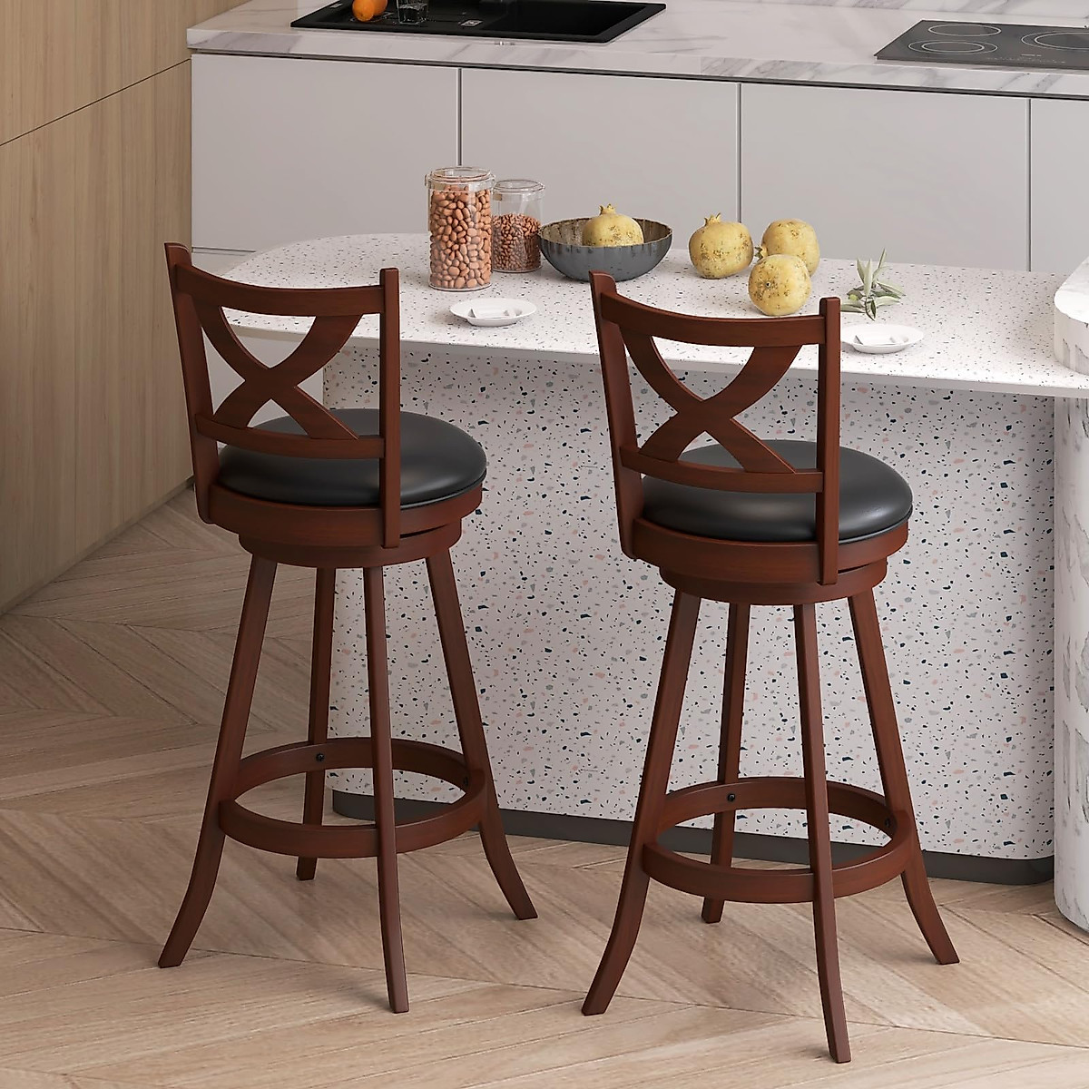 Giantex 30” Bar Stools Set of 2, 360° Swivel Counter Height Stools with Back, Solid Rubber Wood Frame, Leather Padded Seat, Vintage Upholstered Armless Farmhouse Barstools for Kitchen Island Home Bar