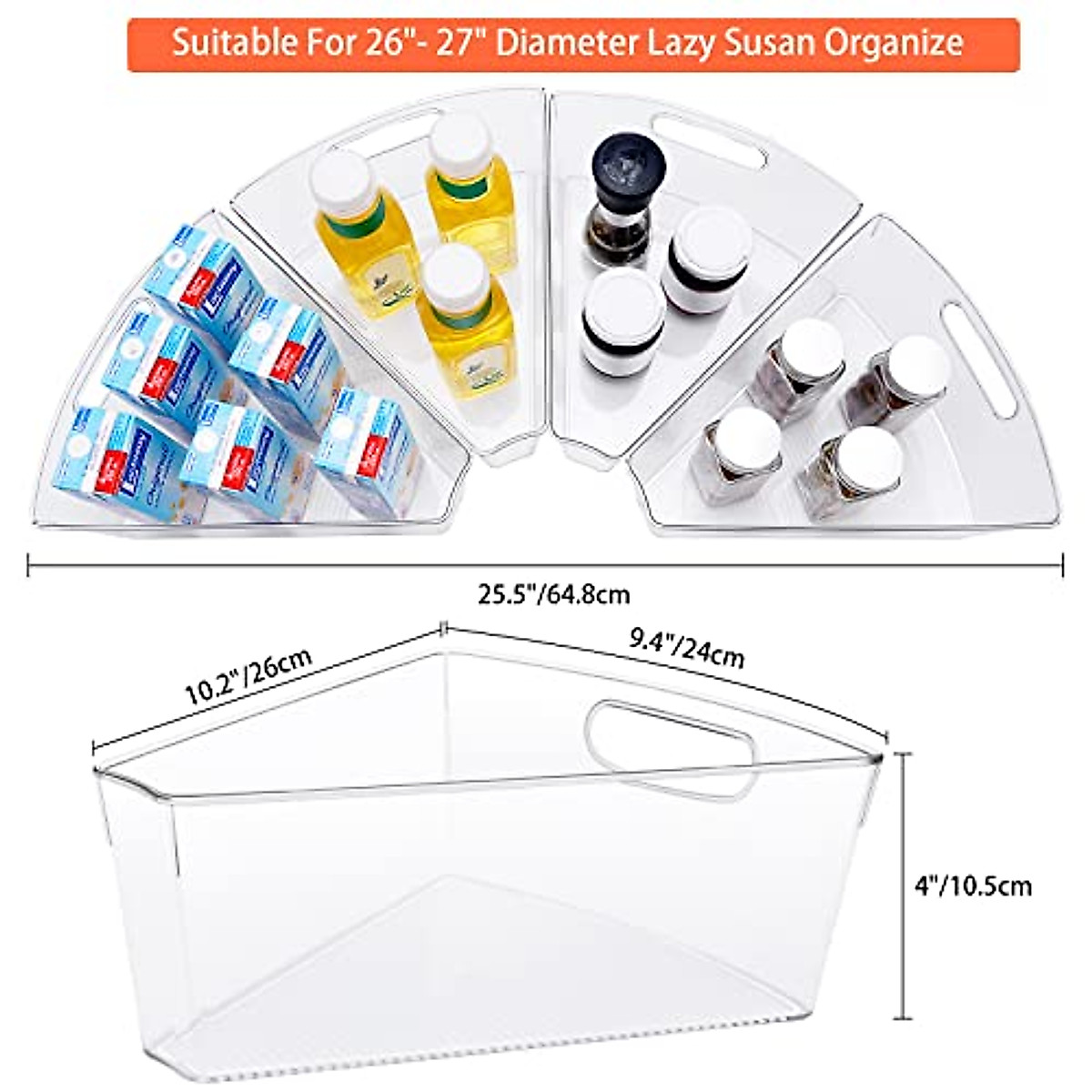 SOKOSEY Lazy Susan Organizer 10.2"x 9.4"x4" for 26" Diameter Corner Lazy Susan Cabinet, Set of 6 Plastic Clear Lazy Susan Bins, 1/8 Wedge 4" Deep Kitchen Corner Storage Bin