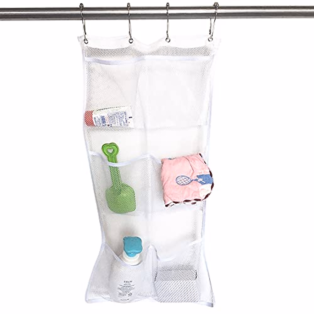 Sainal White Mesh Shower Caddy Organizer with 6 Pockets and 4 Rings/Hooks Hanging on Shower Curtain Rod for Bathroom supplies, Save Space,Storage Bag for Toys