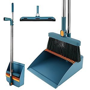 Broom and Dustpan Set for Home, 180° Rotating Broom Combo, Foldable Floor Sweeping Set with Long Handle, Stand Dustpan and Broom Combo with Comb Teeth for Office Kitchen Lobby Floor Cleaning (Blue)