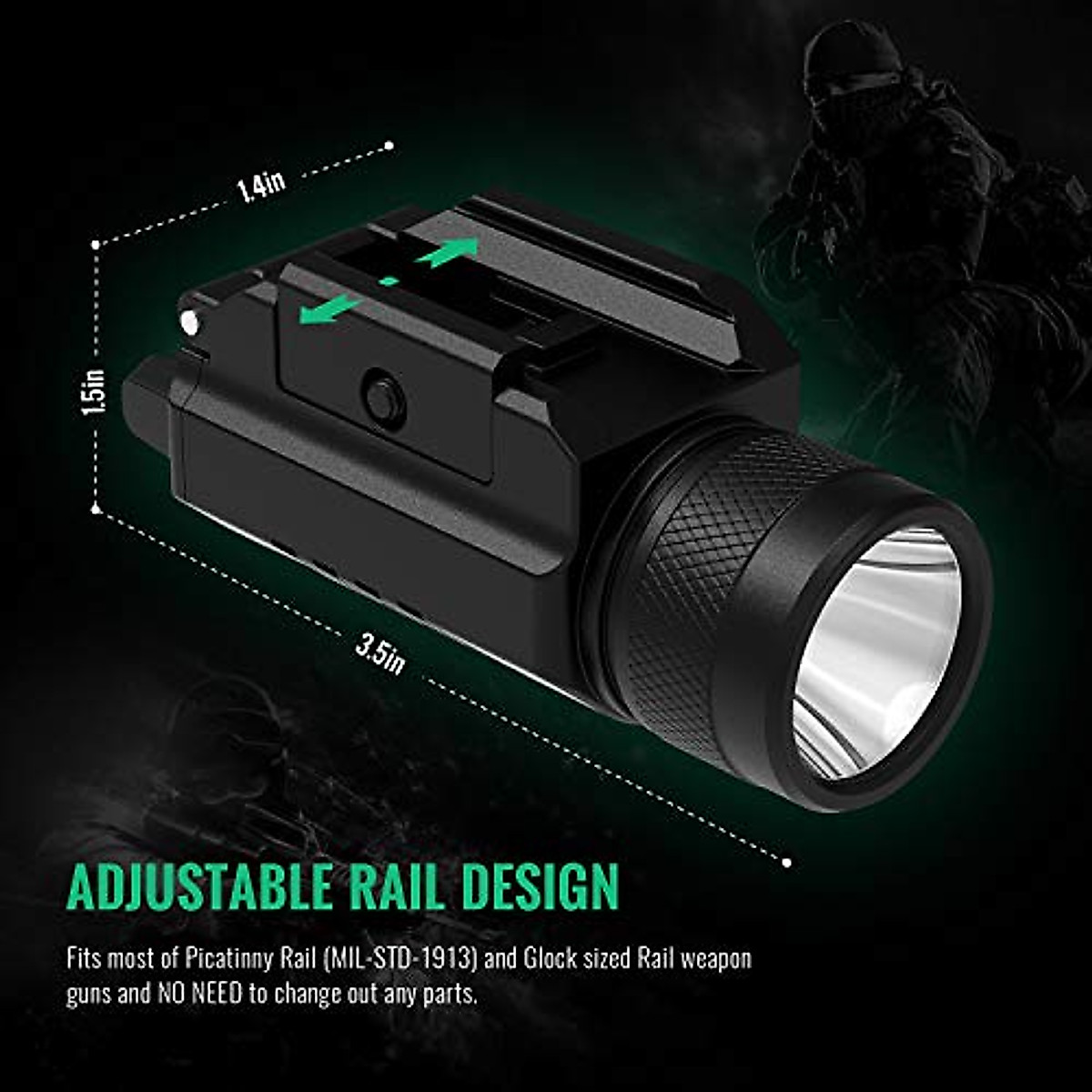 Gmconn 1200 Lumens Rail Mounted Compact Pistol Light LED Strobe Tactical Gun Flashlight with 2 x CR123A Lithium Batteries