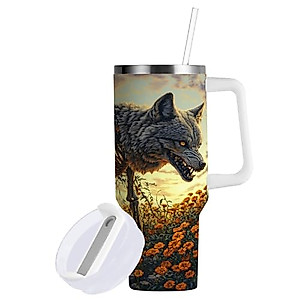 Slewiaeky Tumbler with Handle 40 oz Gothic Skull Cool Wolf Travel Mug with Lid and Straw Stainless Steel Vacuum Insulated Water Bottle Cup for Iced Tea Coffee Cold Beverages Cup Holder Friendly