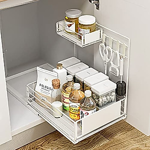 Under Sink Organizer and Storage, Under Sliding Cabinet Basket Organizer 2-Tire Under Kitchen Bathroom Sink Storage, Multi-Purpose Under Sink Shelf Organizer Black,White