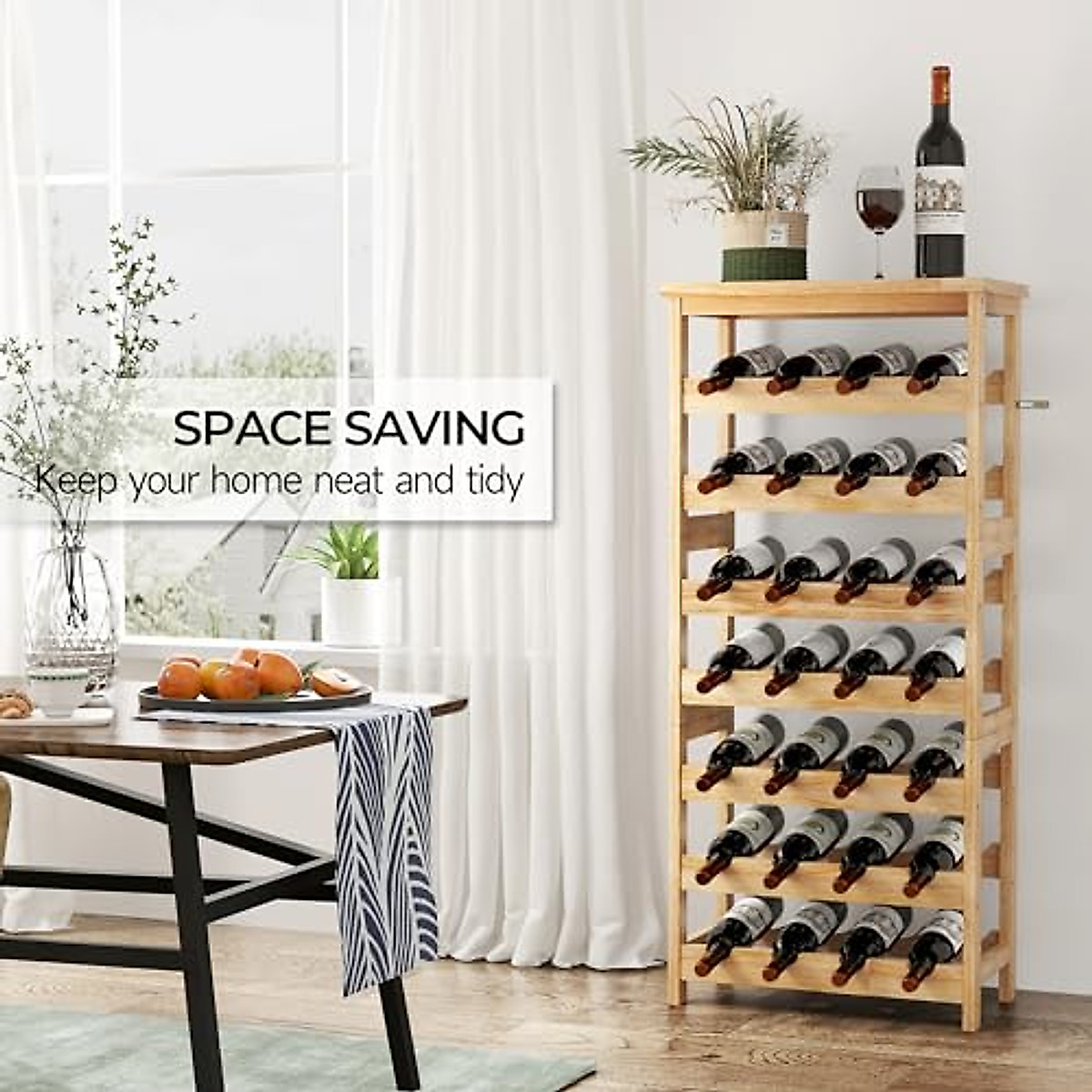 28-Bottle Wine Rack Free Standing Floor, Solid Wood 7-Tier Display Wine Storage Shelves with Tabletop, Wobble-Free Bottle Holder for Cellar Kitchen Bar Dining Room Living Room, Oak