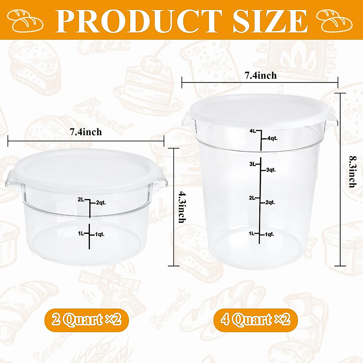 Milkary 4Pcs Food Storage Container with Lids, Clear Round Dough Proofing Container, Commercial Containers with Scales and Handles for Bread Dough Rise Fridge Kitchen Organization 2 Qt 4 Qt (White)