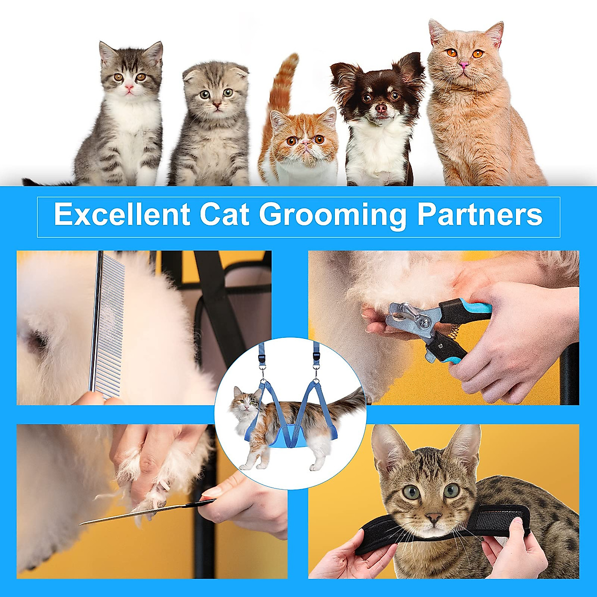Cat Grooming Hammock, Pet Grooming Harness for Dogs&Cats, Multi Hammock Restraint Bag with Adjustable Grooming Loop/Stainless D-Hooks/Nail Clippers/Trimmer/Nail File for Pet Nail Trimming, Care (XS)