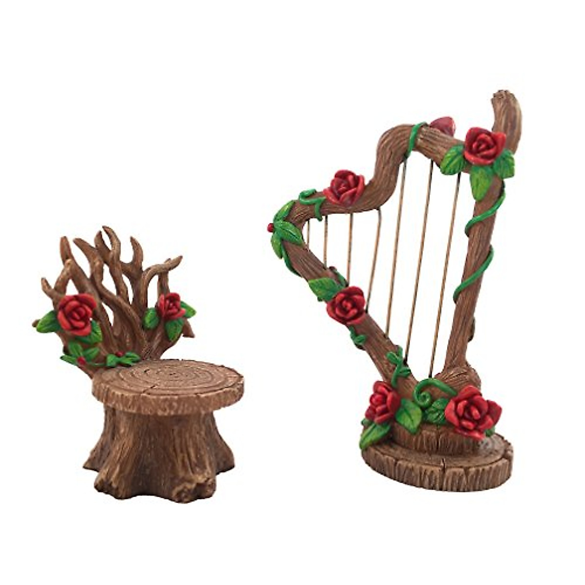 Miniature Rose Harp and Chair Set for The Fairy Garden - Miniature Garden Accessory for The Fairy Figurines by GlitZGlam